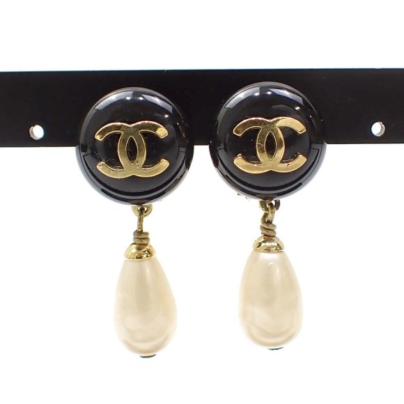 CHANEL | Jewelry | Chanel Fake Pearl Earrings Womens Gp Coco Mark Black ...